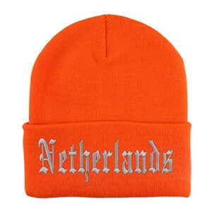 trendy apparel shop netherlands old english embroidered long cuff beanie – neon orange