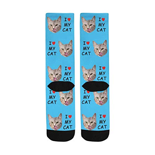 Custom Socks Realistic Customized Face Socks with Your Photo Face I Love My Cat Blue