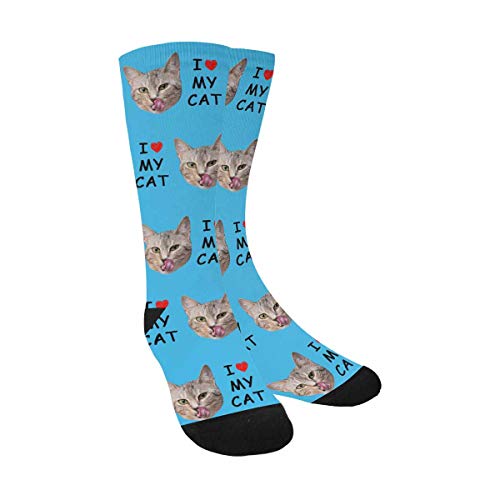 Custom Socks Realistic Customized Face Socks with Your Photo Face I Love My Cat Blue