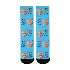 Custom Socks Realistic Customized Face Socks with Your Photo Face I Love My Cat Blue