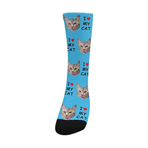 Custom Socks Realistic Customized Face Socks with Your Photo Face I Love My Cat Blue