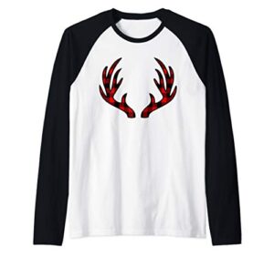 reindeer antlers lumberjack buffalo plaid tartan christmas raglan baseball tee