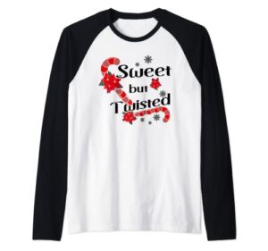 sweet but twisted candy cane stocking stuffer christmas raglan baseball tee