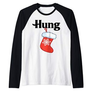 Hung Christmas Stocking Funny Well Hung Stocking stuffer Raglan Baseball Tee