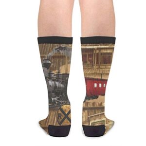 WAZHIJIA Steam Train Fun Dress Socks Funny Novelty Fashion Crew Socks Retro Train Station Socking, Black and White, One Size