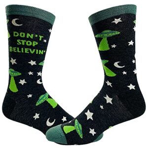 crazy dog t-shirts men’s don’t stop believin’ socks funny ufo space alien sci fi footwear