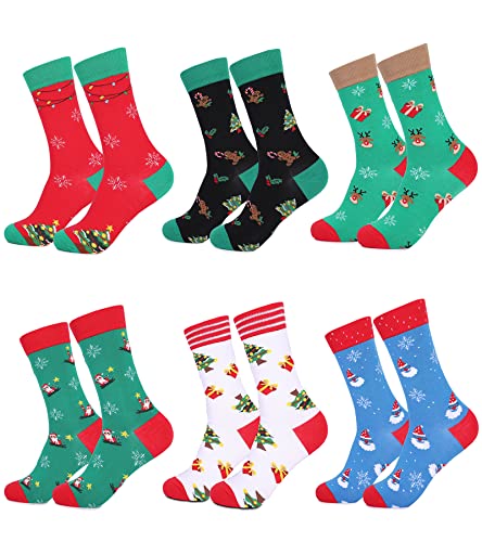 Velivn 6 Pairs Christmas Socks for Men Women Boys Girls, Funny Novelty Unisex Cozy Cotton Crew Socks Set for Xmas Holiday Gifts