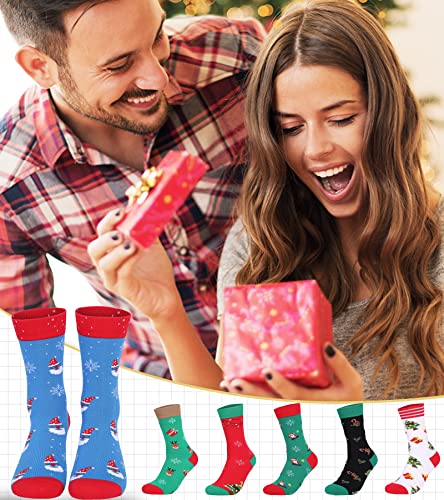 Velivn 6 Pairs Christmas Socks for Men Women Boys Girls, Funny Novelty Unisex Cozy Cotton Crew Socks Set for Xmas Holiday Gifts