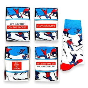 doodle beads snow skiers and snowboarder novelty crew socks | unisex | funny skiing sock wrap card in gift box | ski team gift ideas for skier (i love big dumps)