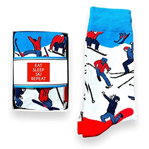 Doodle Beads Snow Skiers and Snowboarder Novelty Crew Socks | Unisex | Funny Skiing Sock Wrap Card In Gift Box | Ski Team Gift ideas for Skier (I love big dumps)