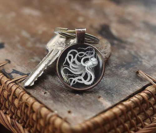 Vintage Octopus Keychain, Octopus Keychain, Octopus Jewelry, Sea Life Keychain, Nautical Keychain, Vintage Graphic Keychain, Men's Keychain Brown