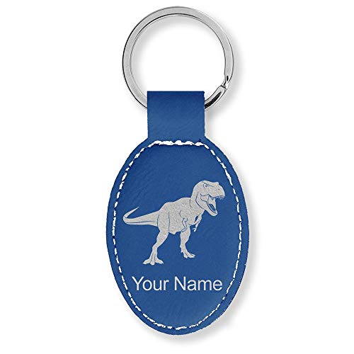 LaserGram Oval Keychain, Tyrannosaurus Rex Dinosaur, Personalized Engraving Included (Dark Blue)