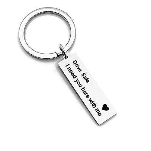 LareinaXXX Drive Safe I need you here with me keychain Trucker Husband gift for husband dad gift valentines day stocking stuffer, Silver, Medium