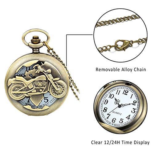 JewelryWe Bronze Biker Motorcycle Motorbike Moto Pocket Watch Necklace Pendant Mens, for Xmas