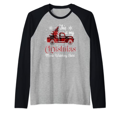 This Is My Christmas Movie Watching Shirt Tree Truck Plaid Raglan Baseball Tee