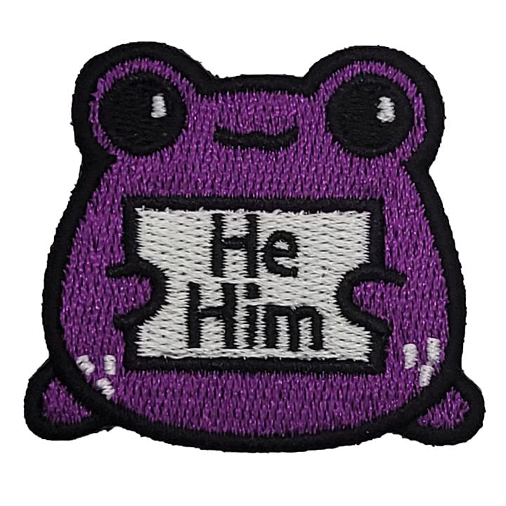 Pronoun "Statement Frogs" Embroidered Patch- USA Made- Multiple Colors Available (Purple He/Him)