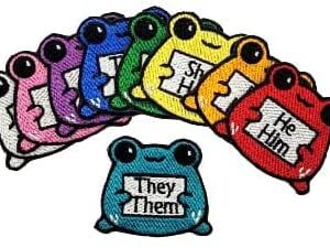 Pronoun "Statement Frogs" Embroidered Patch- USA Made- Multiple Colors Available (Purple He/Him)