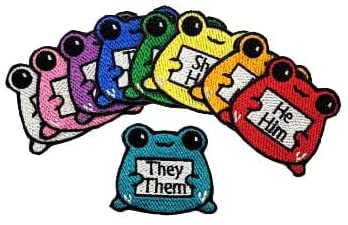 Pronoun "Statement Frogs" Embroidered Patch- USA Made- Multiple Colors Available (Purple He/Him)