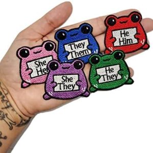 Pronoun "Statement Frogs" Embroidered Patch- USA Made- Multiple Colors Available (Purple He/Him)