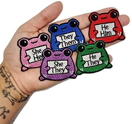 Pronoun "Statement Frogs" Embroidered Patch- USA Made- Multiple Colors Available (Purple He/Him)