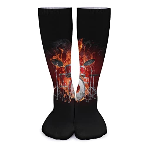 Rock Roll Drums Flame Drummer Skull Over The Calf Sock Tube High Stocking with Printed Pattern for Men Women