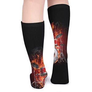 Rock Roll Drums Flame Drummer Skull Over The Calf Sock Tube High Stocking with Printed Pattern for Men Women