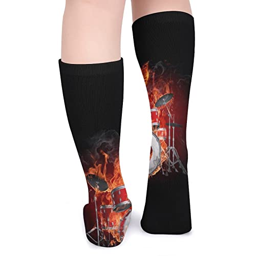 Rock Roll Drums Flame Drummer Skull Over The Calf Sock Tube High Stocking with Printed Pattern for Men Women