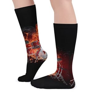 Rock Roll Drums Flame Drummer Skull Over The Calf Sock Tube High Stocking with Printed Pattern for Men Women