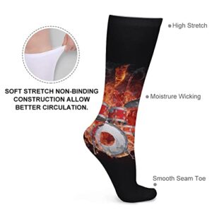 Rock Roll Drums Flame Drummer Skull Over The Calf Sock Tube High Stocking with Printed Pattern for Men Women