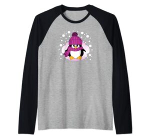 christmas penguin with pink hat and scarf stocking stuffer raglan baseball tee