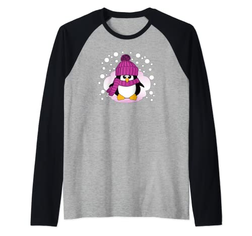 Christmas Penguin with Pink Hat and Scarf Stocking Stuffer Raglan Baseball Tee