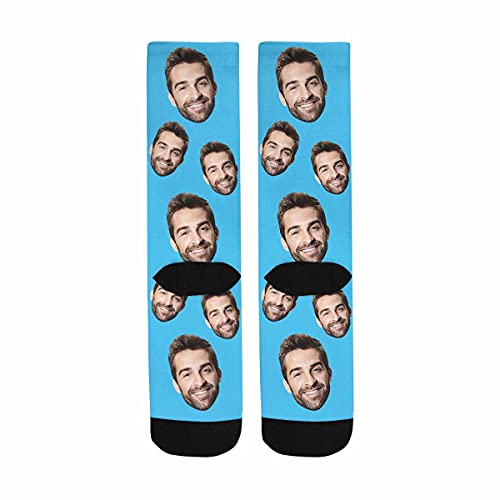 Custom Socks with Picture, Personalized Funny Face Socks Blue Crew Socks for Men Dad Father's Day Birthday Gift