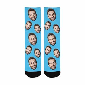 Custom Socks with Picture, Personalized Funny Face Socks Blue Crew Socks for Men Dad Father's Day Birthday Gift