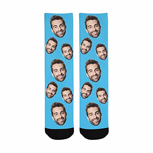 Custom Socks with Picture, Personalized Funny Face Socks Blue Crew Socks for Men Dad Father's Day Birthday Gift