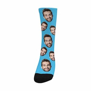 Custom Socks with Picture, Personalized Funny Face Socks Blue Crew Socks for Men Dad Father's Day Birthday Gift