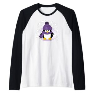 Christmas Penguin with Purple Hat and Scarf Stocking Stuffer Raglan Baseball Tee