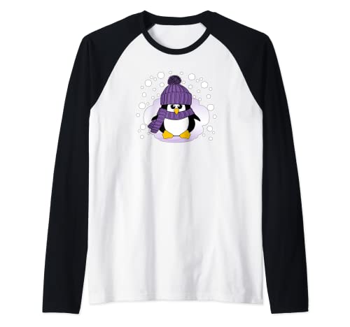 Christmas Penguin with Purple Hat and Scarf Stocking Stuffer Raglan Baseball Tee