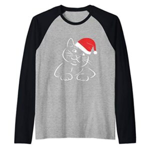 Christmas Cat Santa Hat Cute Kitten Drawing Raglan Baseball Tee