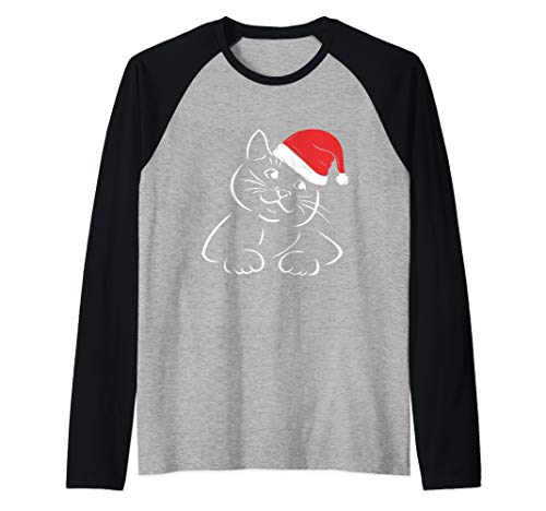 Christmas Cat Santa Hat Cute Kitten Drawing Raglan Baseball Tee