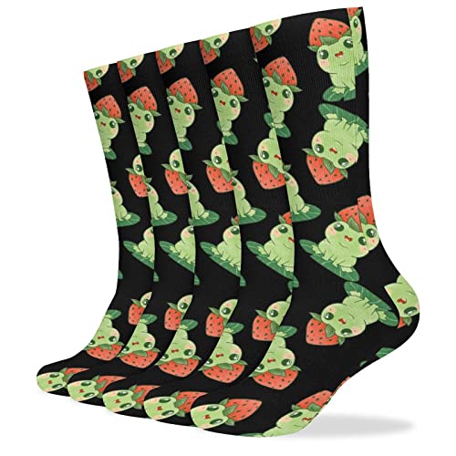 Strawberry Frog Socks 5 Pairs Pack Funny Crew Socks Novelty Dress Socks for Women Men Boys Girls