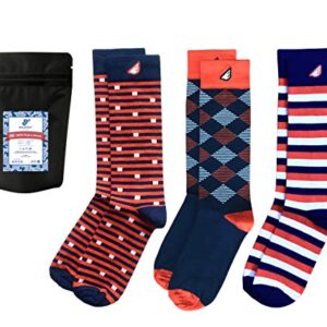 Mens Dress Socks Fun Crazy Colorful Gift Pack Awesome Happy, Made in America (Navy, Orange & White)