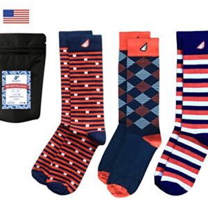 Mens Dress Socks Fun Crazy Colorful Gift Pack Awesome Happy, Made in America (Navy, Orange & White)