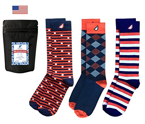 Mens Dress Socks Fun Crazy Colorful Gift Pack Awesome Happy, Made in America (Navy, Orange & White)