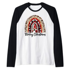 Merry Christmas Leopard Gnome Lover Rainbow Stocking Stuffer Raglan Baseball Tee