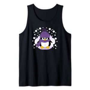 Christmas Penguin with Purple Hat and Scarf Stocking Stuffer Tank Top