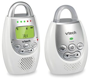 vtech dm221 audio baby monitor with up to 1,000 ft of range, vibrating sound-alert, talk back intercom & night light loop, white/silver