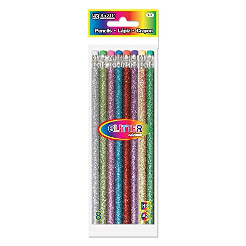 BAZIC Wood Pencil Glitter Metallic Pencils, Latex Free Eraser, Unsharpened Rewards Glitter Pencil for Kids Student Artist (8/Pack), 1-Pack