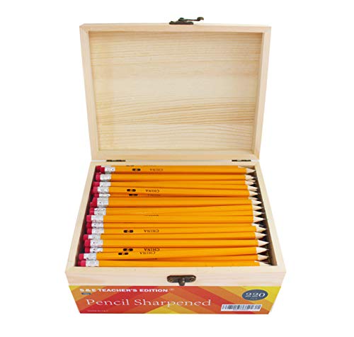 S & E TEACHER'S EDITION Pre-sharpened pencils 220Pcs, Pencils Sharpened with eraser top, 2 HB pencil, Come with The Wooden Box Worth $8.99, 220/Box.