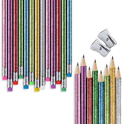 Outus Glitter Colored Pencils with Eraser Wood Colorful Pencils and Pencil Sharpeners for Kids Writing Painting(34 Pieces)