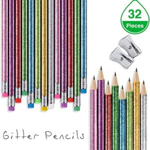 Outus Glitter Colored Pencils with Eraser Wood Colorful Pencils and Pencil Sharpeners for Kids Writing Painting(34 Pieces)